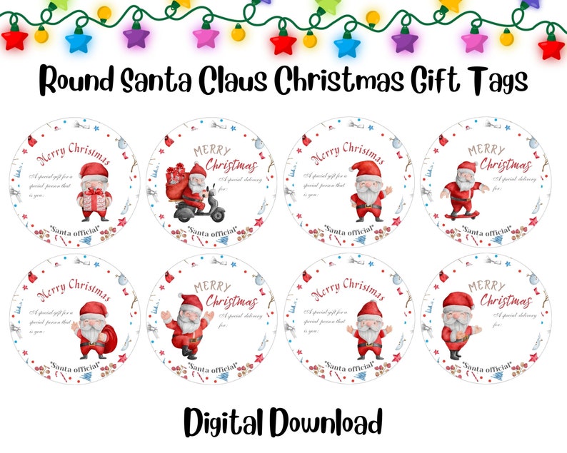 Printable Round Christmas Gift Tags, Watercolor Santa Claus Circle Tags ...