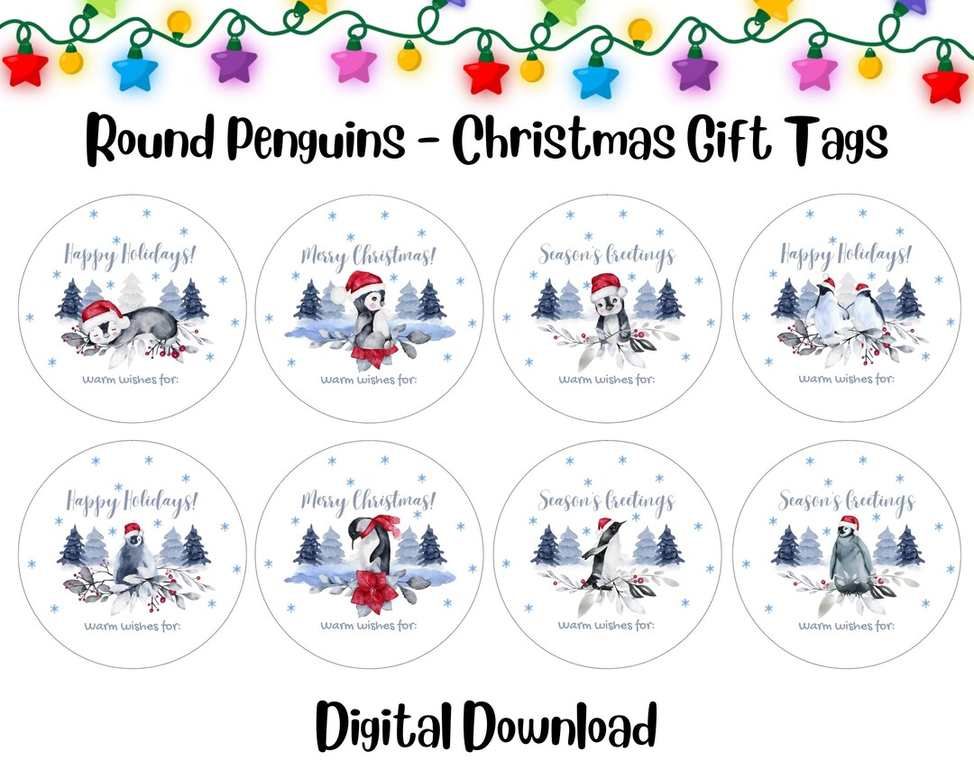 Printable Round Christmas Gift Tags, Watercolor Penguins Circle Tags ...