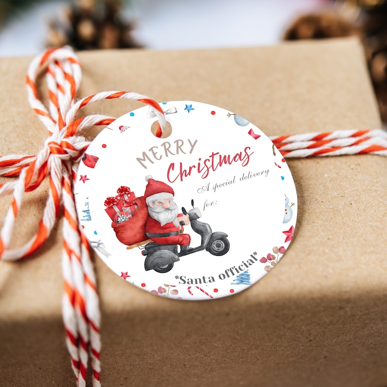 Printable Round Christmas Gift Tags, Watercolor Santa Claus Circle Tags ...