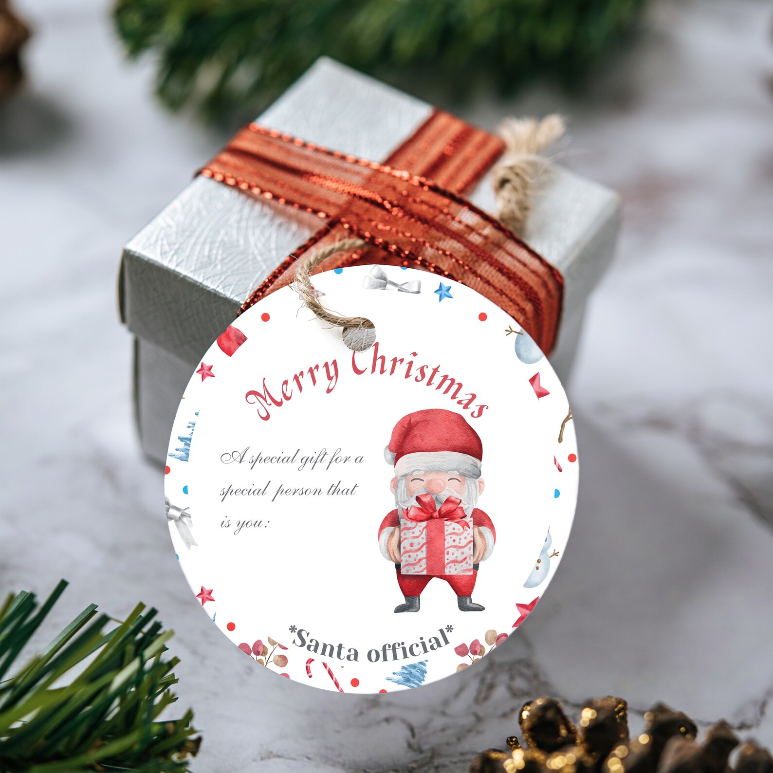 Printable Round Christmas Gift Tags, Watercolor Santa Claus Circle Tags ...