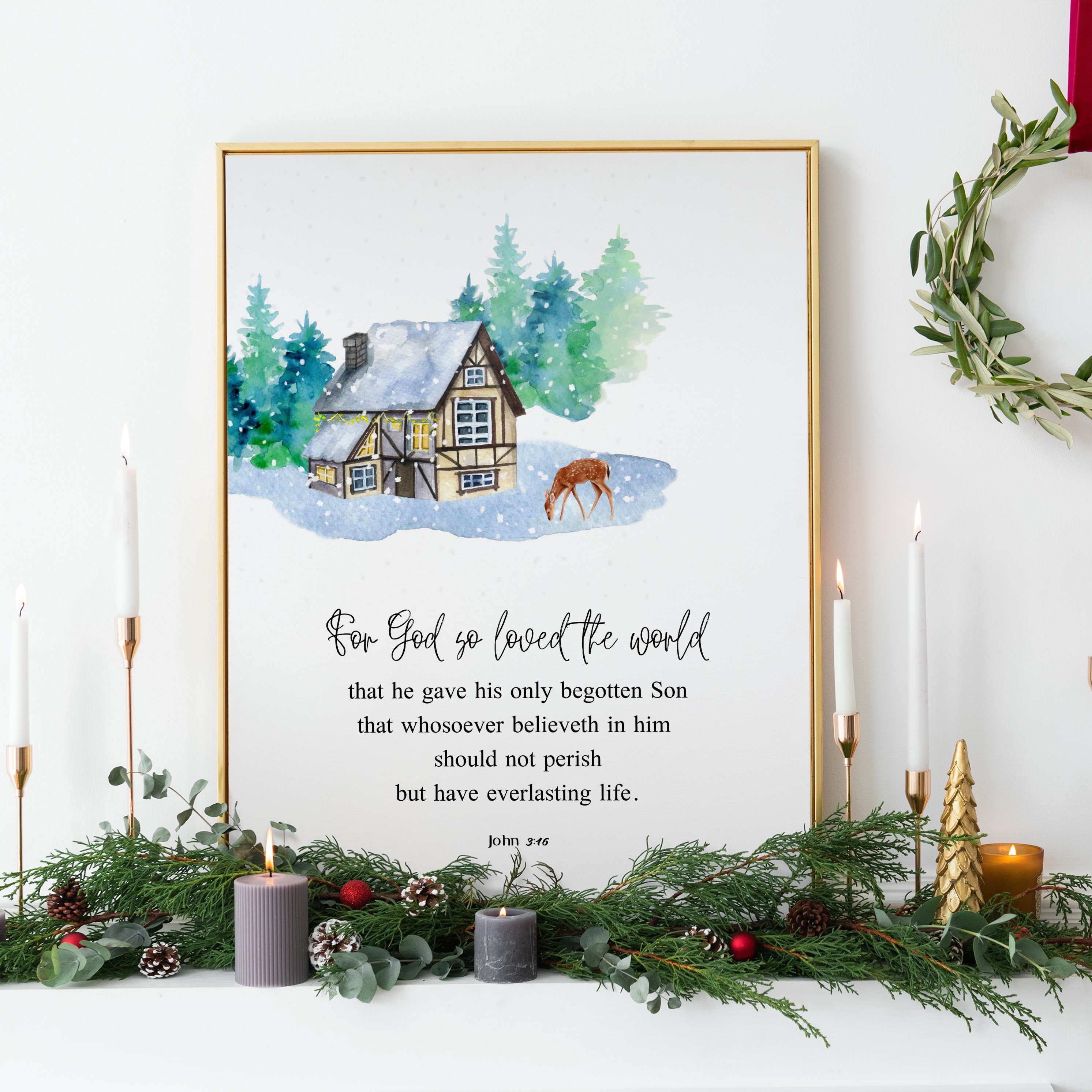 John 3:16 KJV, Printable Christmas Bible Verse Wall Art, Watercolor ...