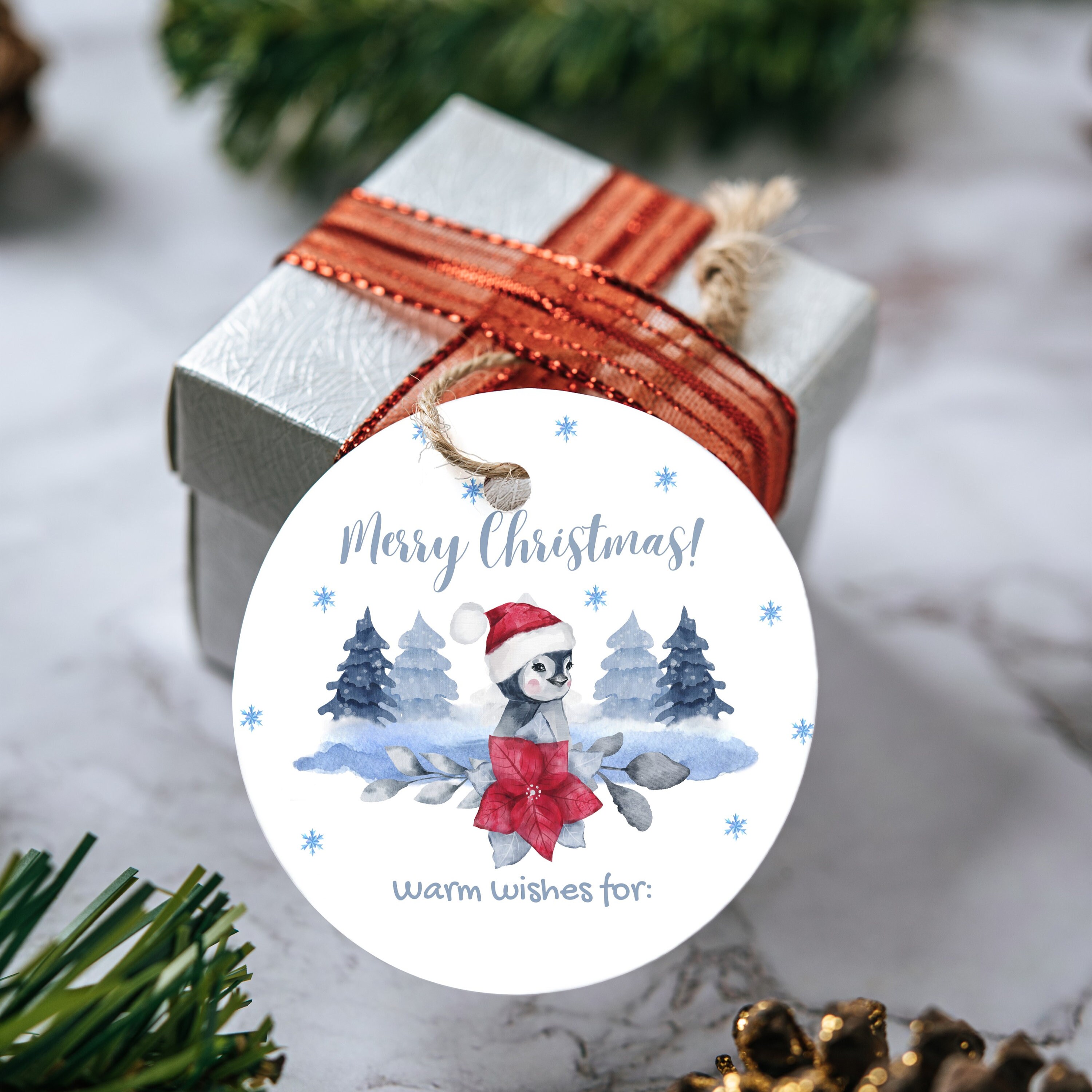 Printable Round Christmas Gift Tags, Watercolor Penguins Circle Tags ...