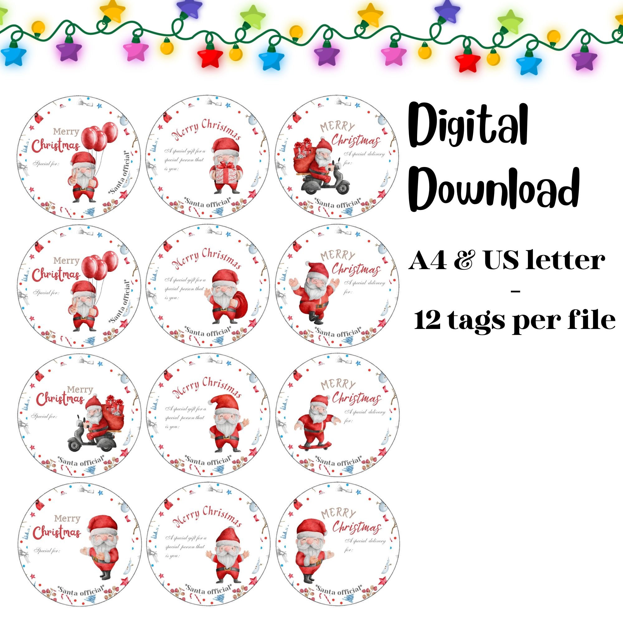 Printable Round Christmas Gift Tags, Watercolor Santa Claus Circle Tags ...