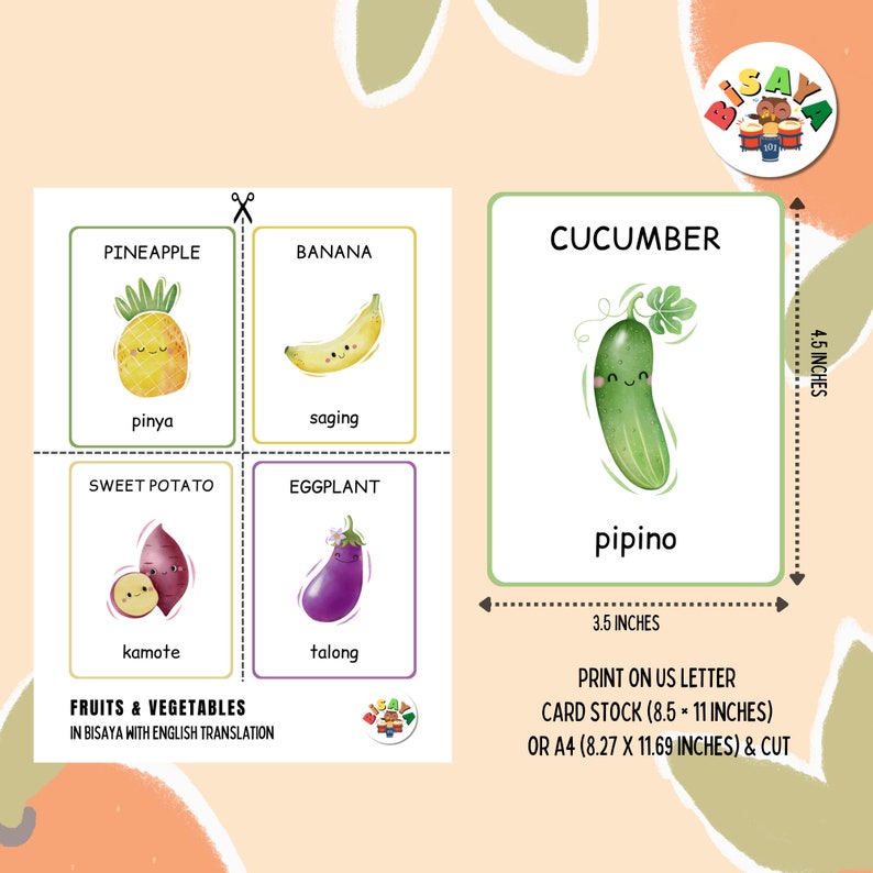 Bisaya Flashcards: Fruits & Vegetables, Bilingual Learning (printable ...