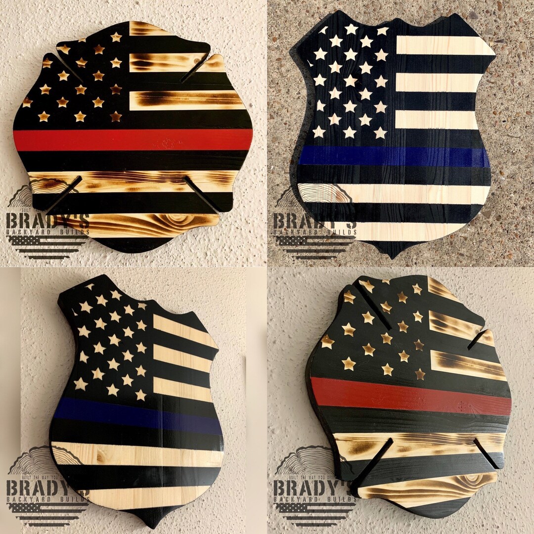 First Responder Sign Wooden Police Badge With Thin Blue Line Flag ...