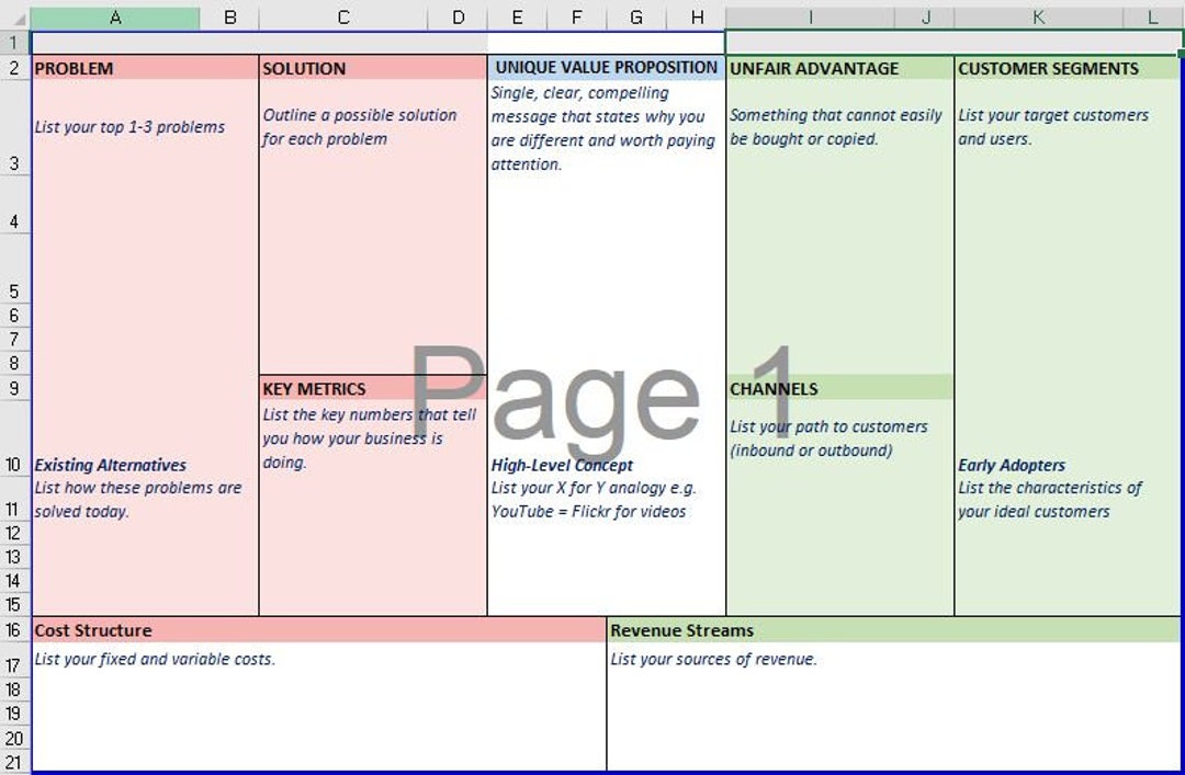 Lean Business Canvass Template in Excel - Etsy