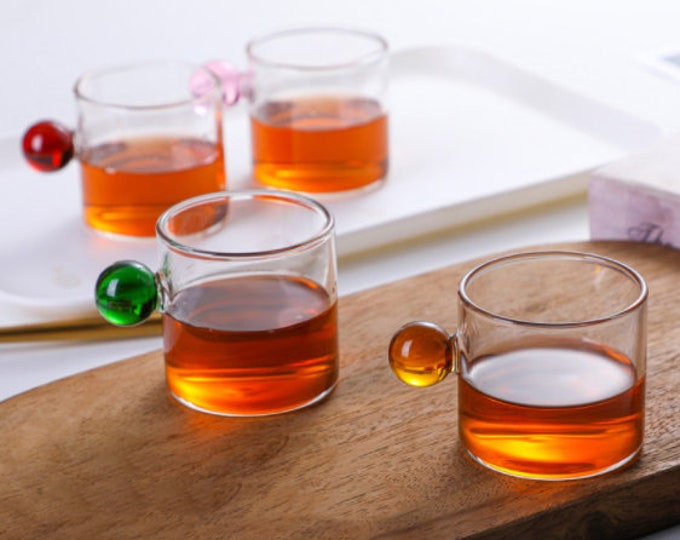 Set of 4 Handmade Tea Glass With Cute Knob Shaped Handle Petite Glass ...