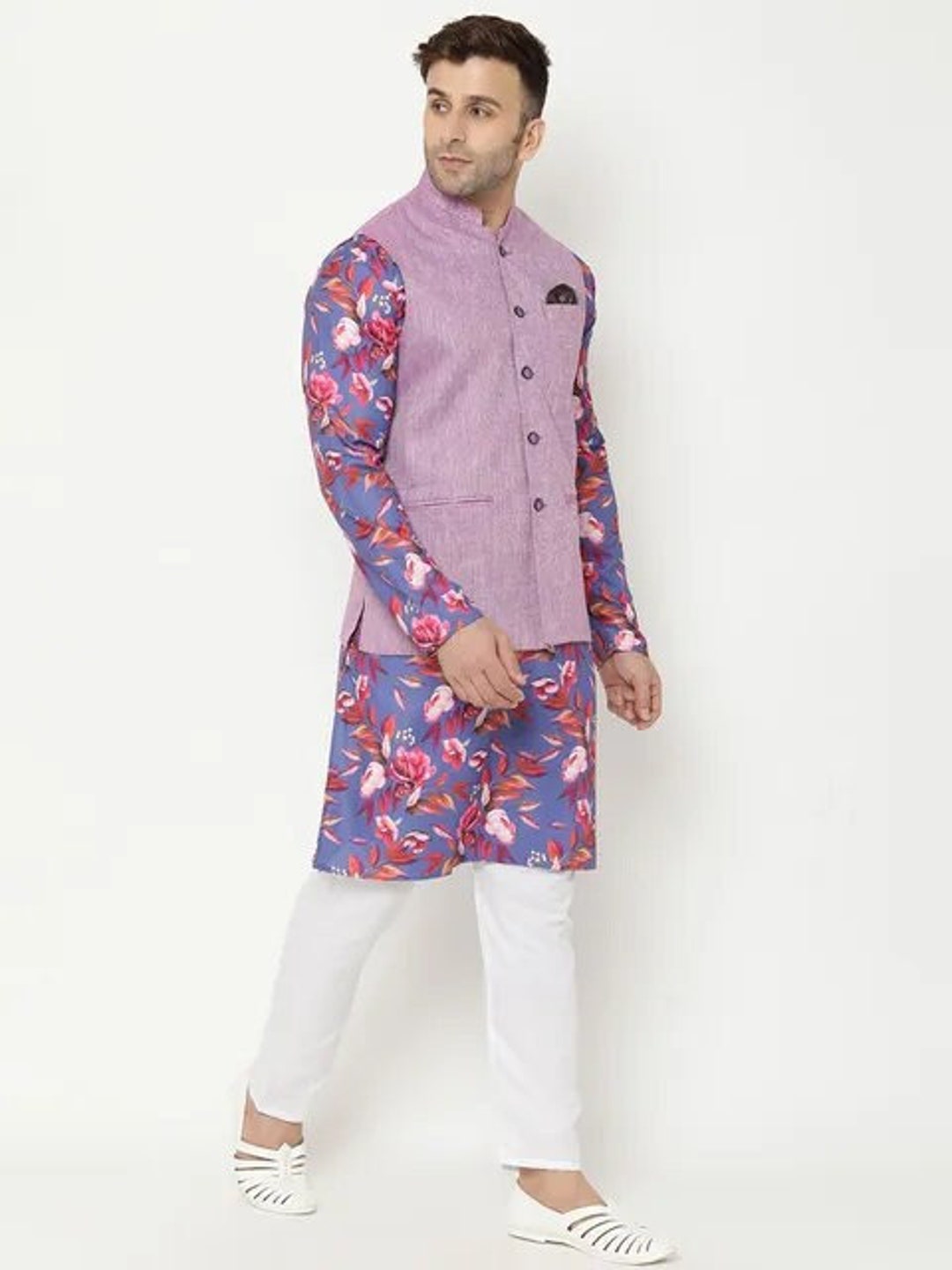 Kurta Pajama Jacket Set Kurta Vest Men White Waistcoat Printed Cotton ...