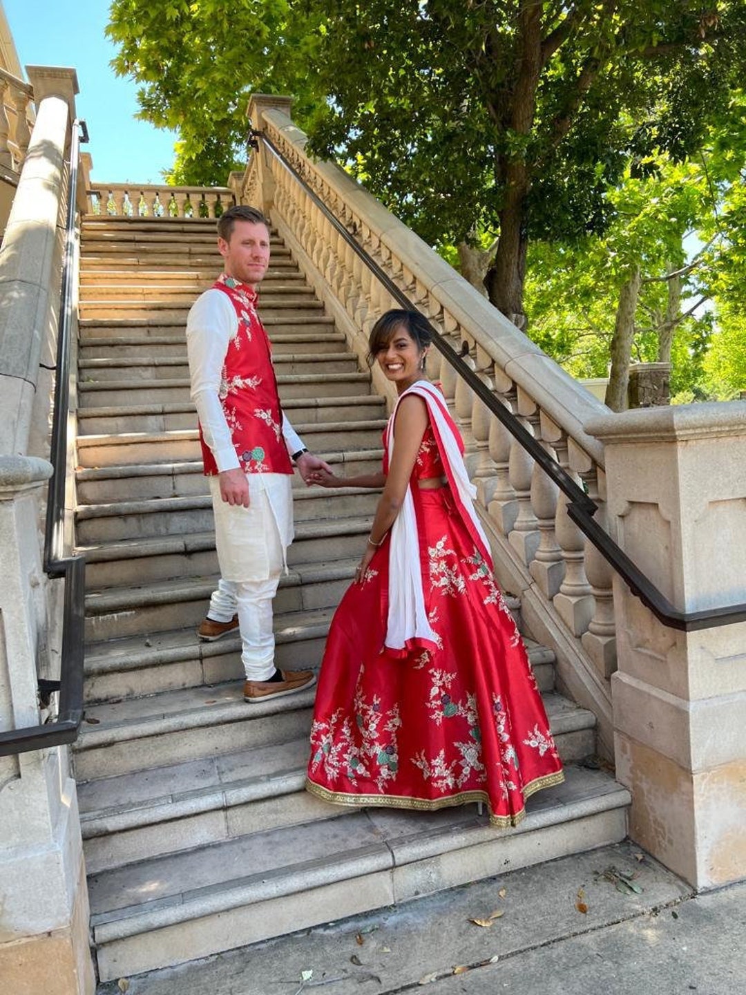 Couple Sets Red Lehenga Choli Red Waistcoat Men Cream Kurta Pajama Set ...