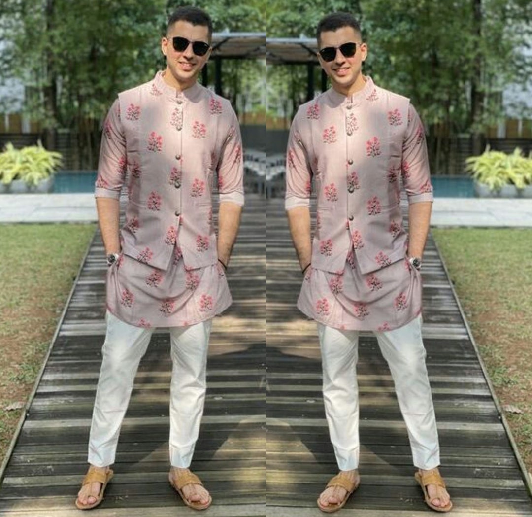 Hand Embroidered Kurta Pajama Jacket Set Kurta Vest Groomsmen Jacket ...
