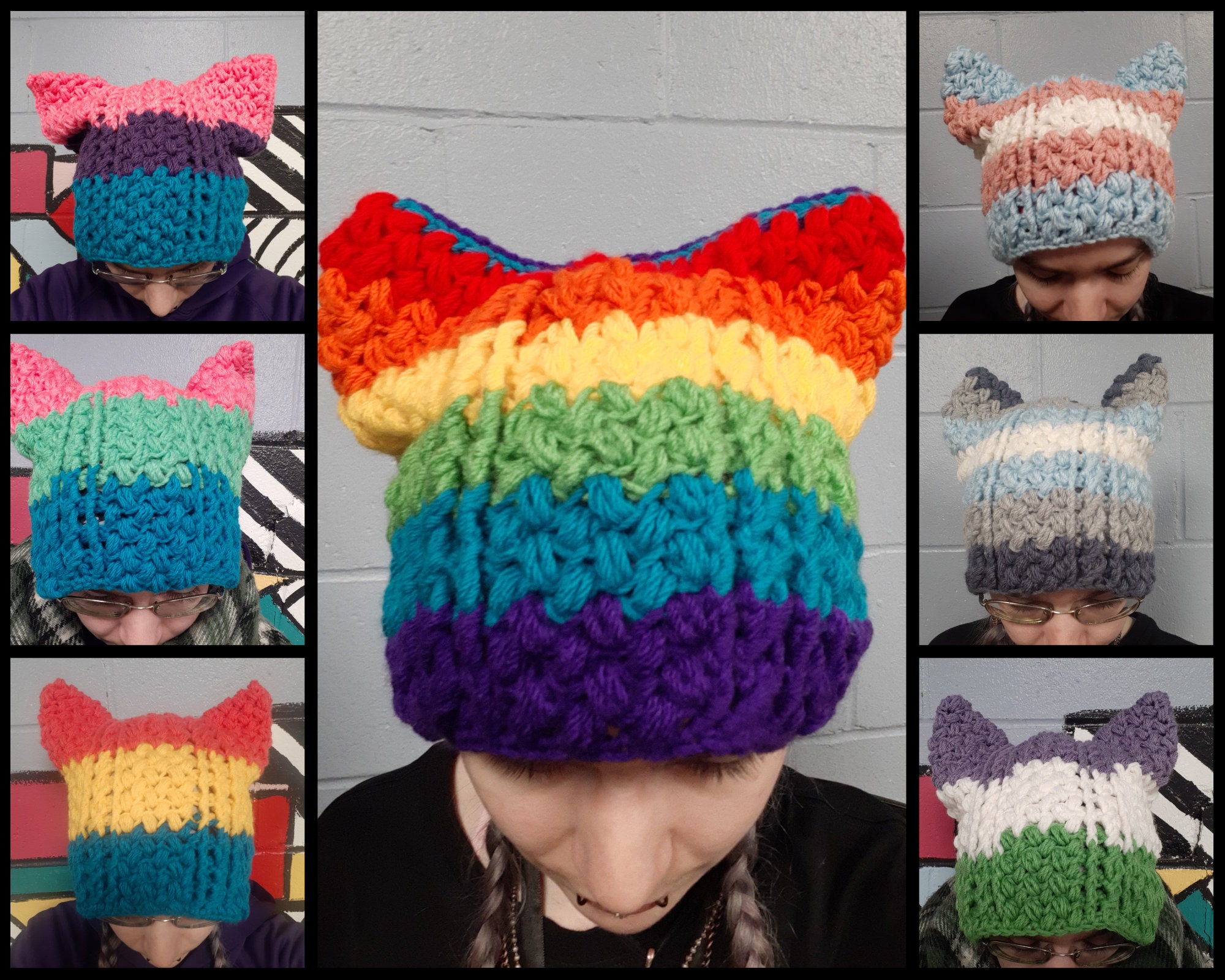 Pride Flag Hat, Cat Ear Beanie, Rainbow Stripe Hat, LGBTQIA Pride Hat ...