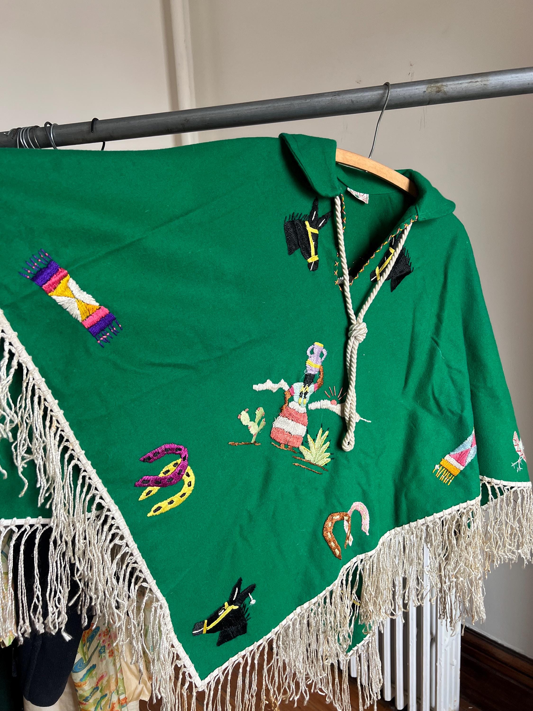 1940’s/50’s Vintage Green Felt Mexican Souvenir Poncho With Donkeys ...