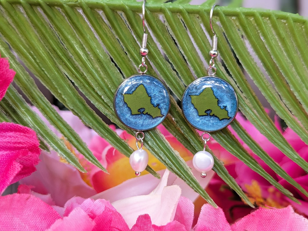 Oahu Hawaii Island Earrings With Pearls, Lightweight Adorable Resin ...