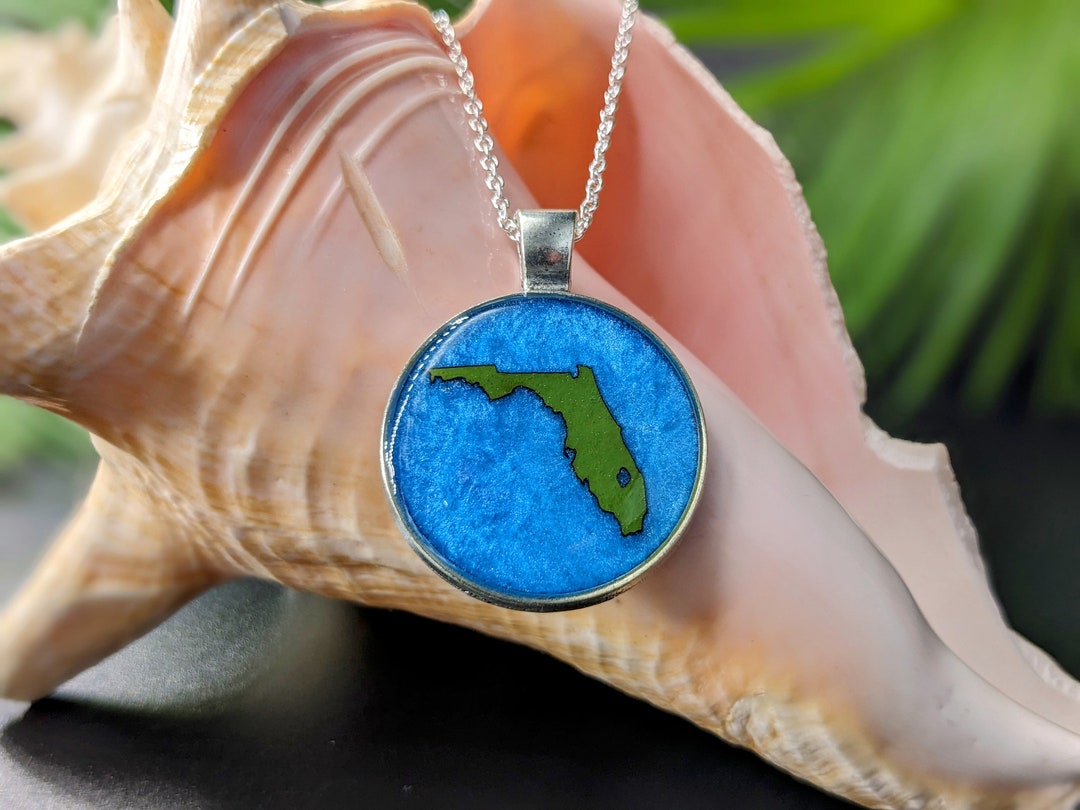 Florida Necklace, Gorgeous Resin Silver Pendant Jewelry, Sunshine State ...