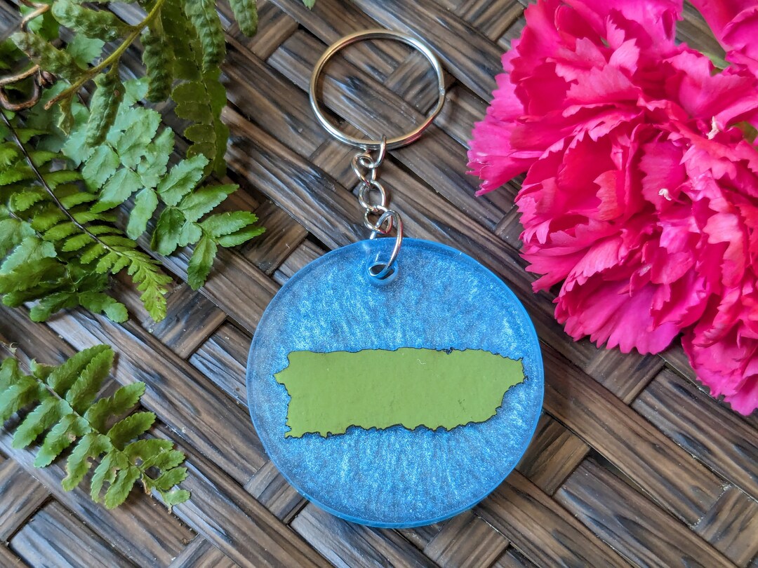 Puerto Rico Island Map Keychain, Charming Caribbean Blue Resin Vacation ...