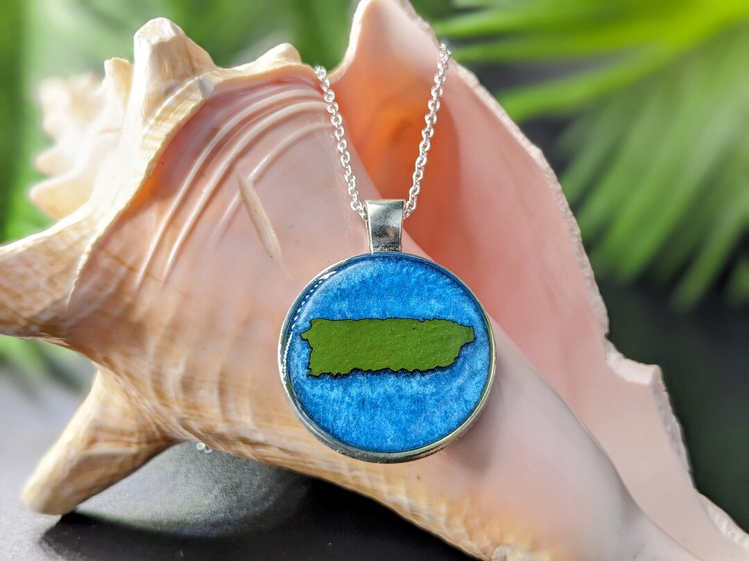 Puerto Rico Island Necklace, Gorgeous Resin Silver Pendant Jewelry ...