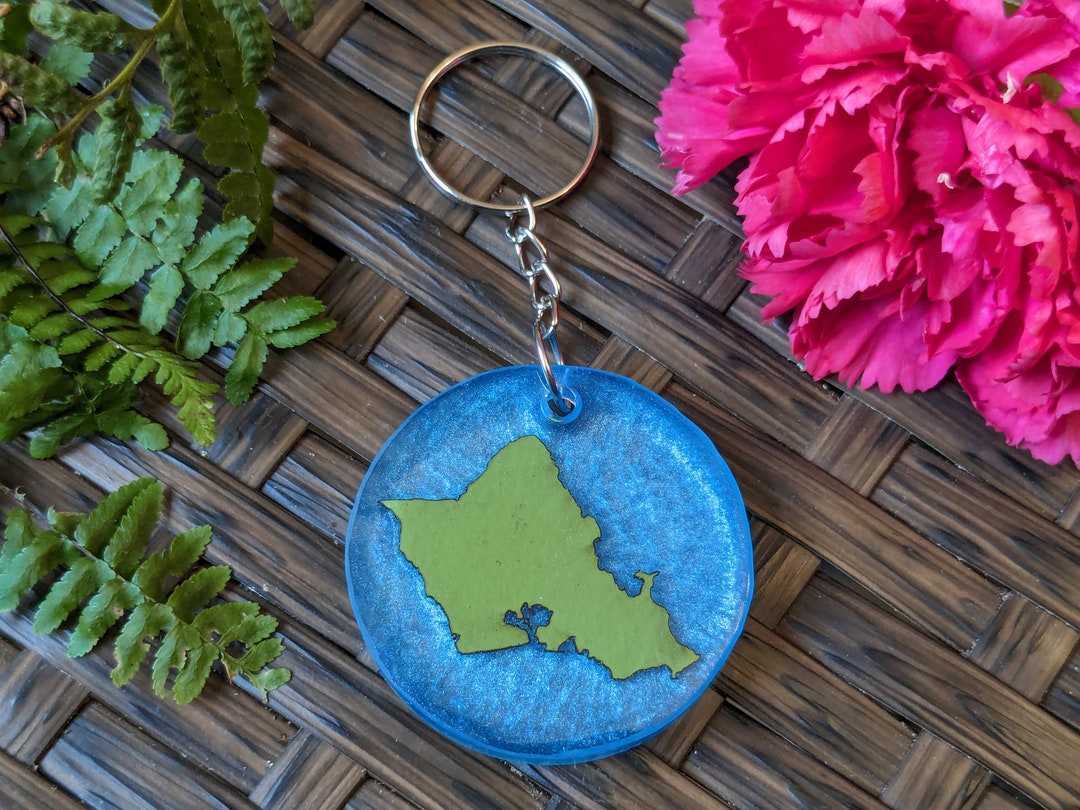 Oahu Island Hawaii State Keychain, Charming Blue Resin Hawaiian ...