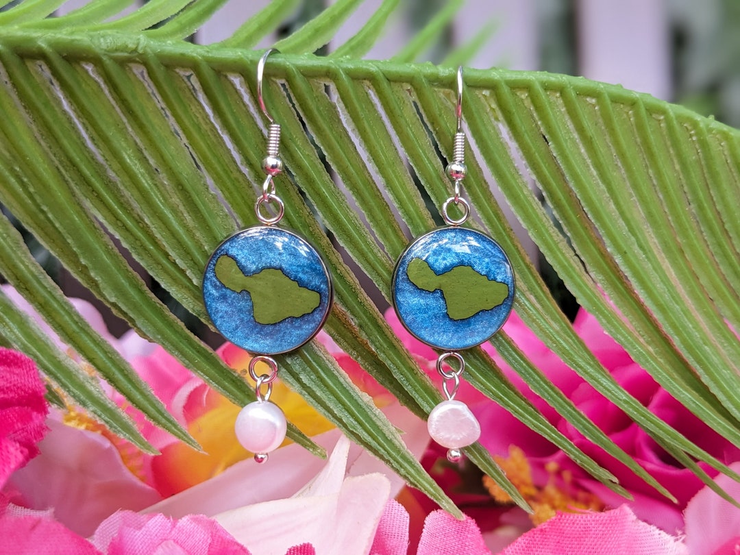 Maui Hawaii Island Earrings With Pearls, Lightweight Adorable Resin ...