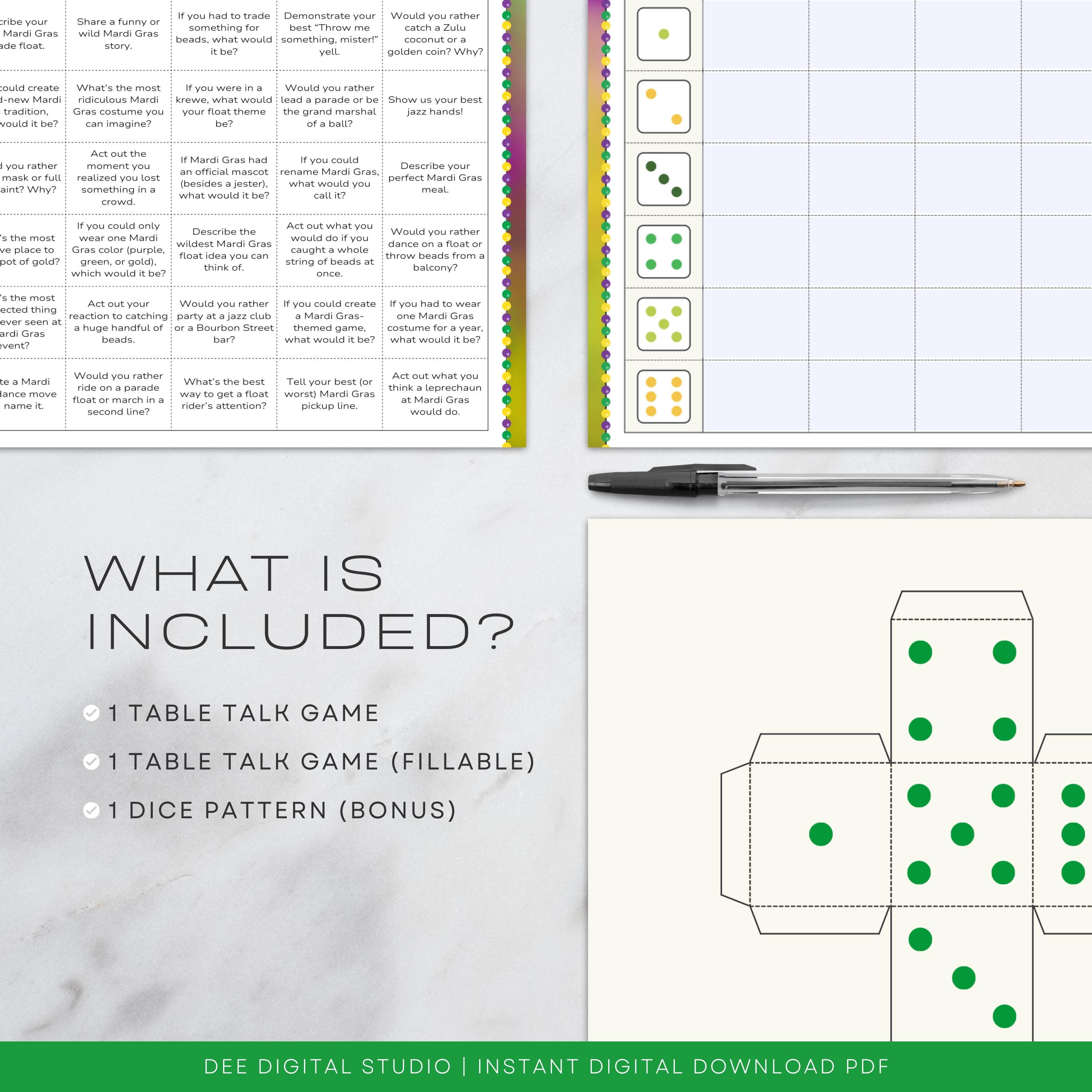 Mardi Gras Table Talk Dice Game: Printable Conversation Starters (PDF ...