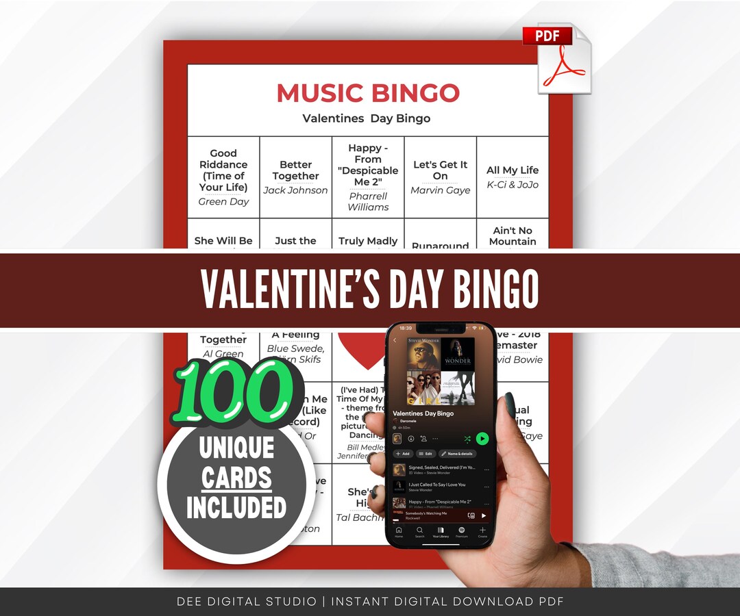 Valentine's Day Music Bingo Game | 100 Cards (printable PDF) - Etsy