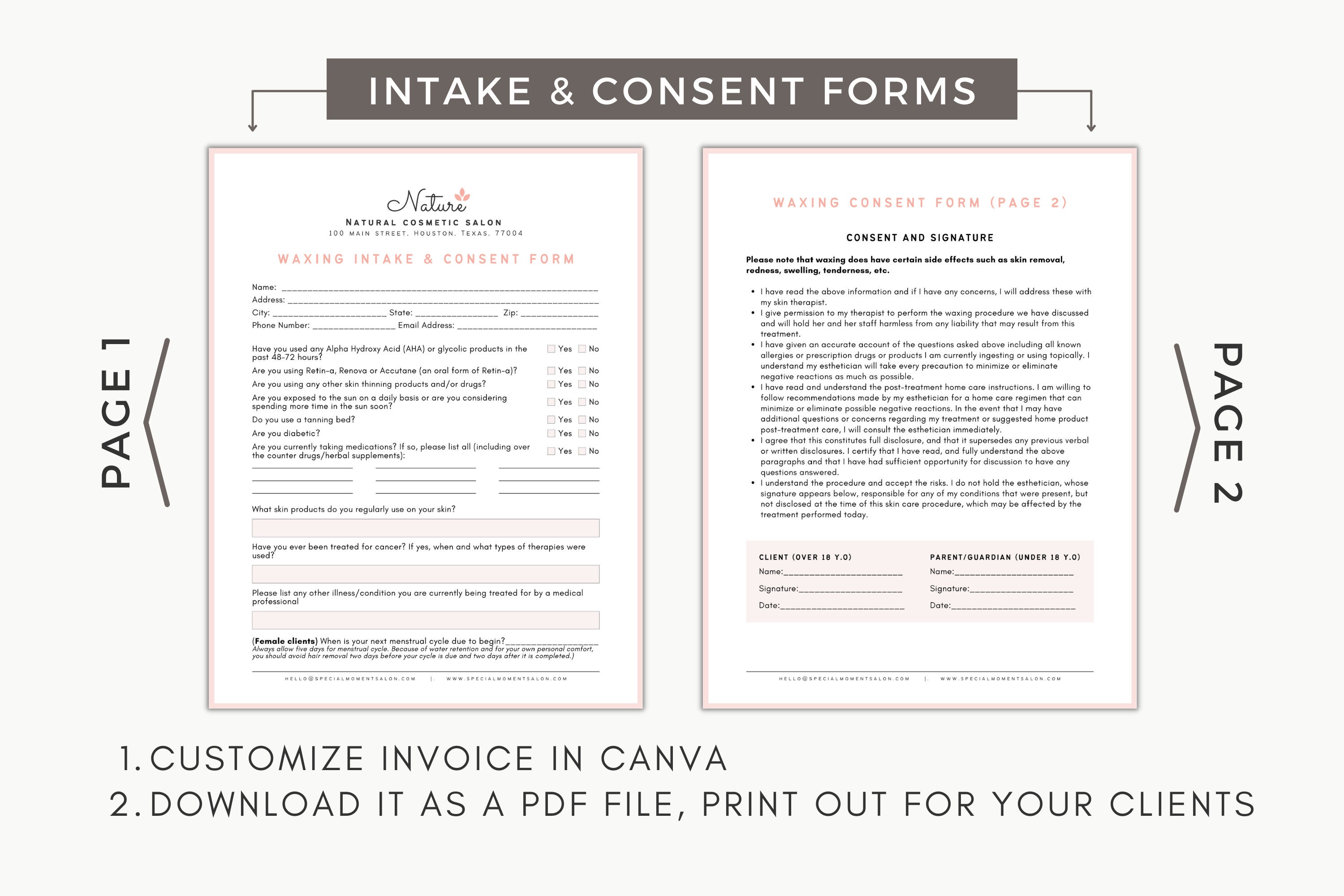 Waxing Client Intake Form: Esthetician Consent Template (canva Editable ...