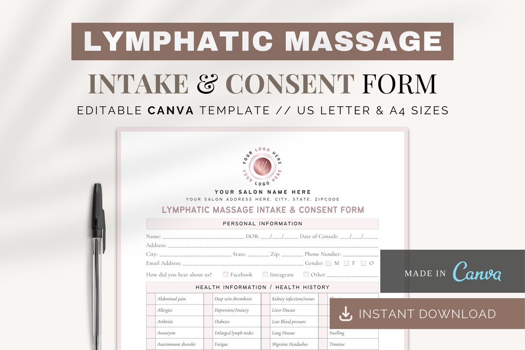 Lymphatic Massage Intake Form: Canva Template (US & A4) - Etsy