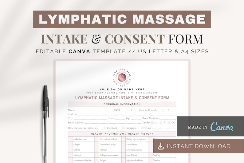 Lymphatic Massage Intake Form Canva Templates Massage - Etsy UK