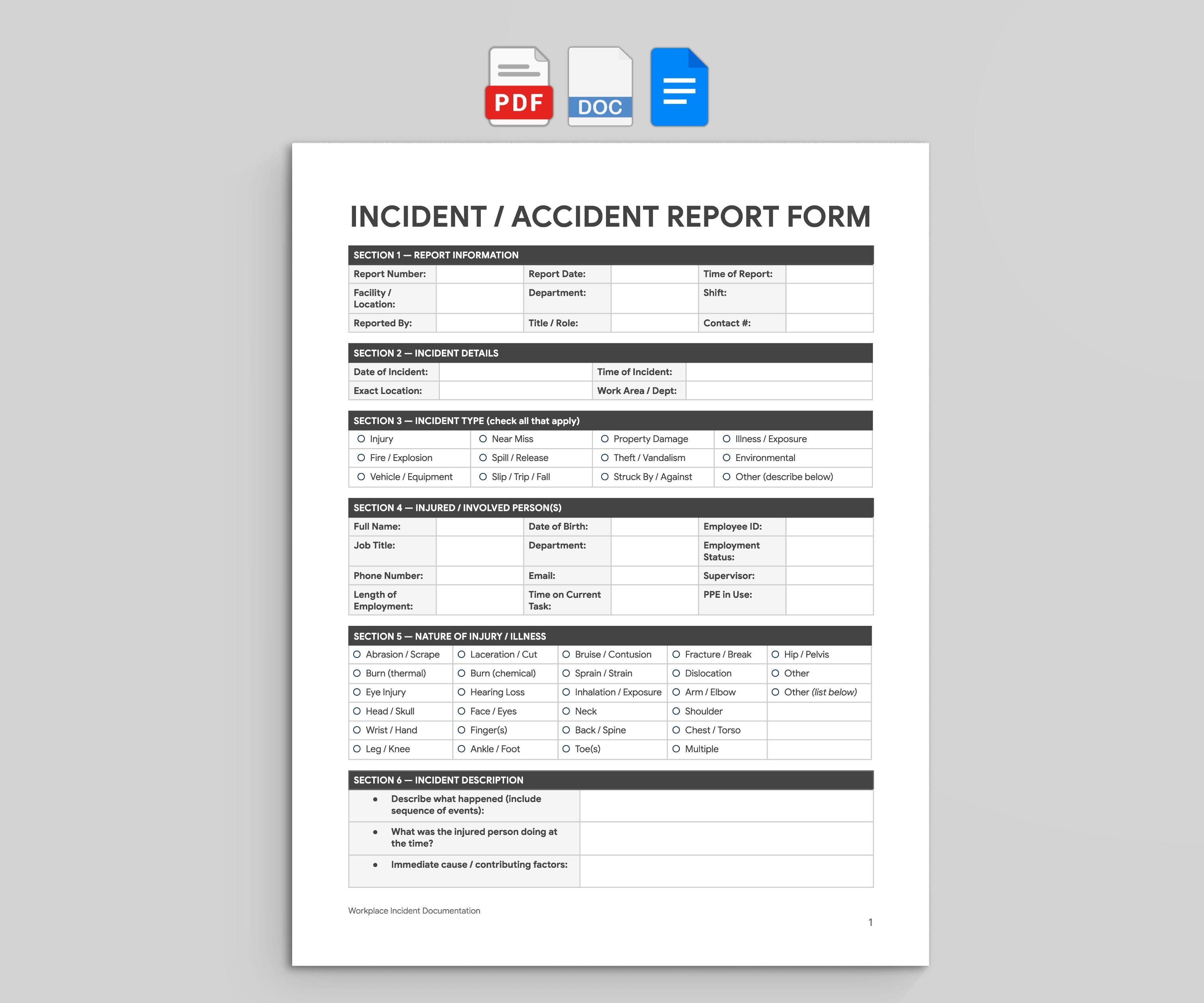 Incident Report Form, Accident Documentation Template, Workplace ...