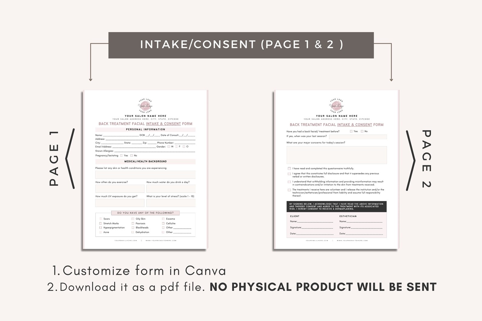 Acne Back Treatment Facial Intake Consent Form Editable Canva Template ...