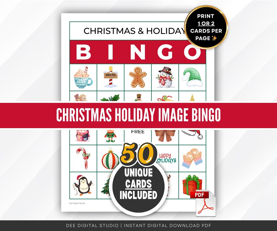 Christmas Images Bingo Card - 50 Cards - Family Reunion Activity ...