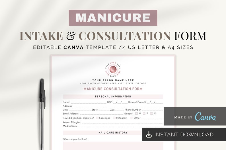 Manicure Intake & Consultation Form Manicure Artist Manicure Canva ...