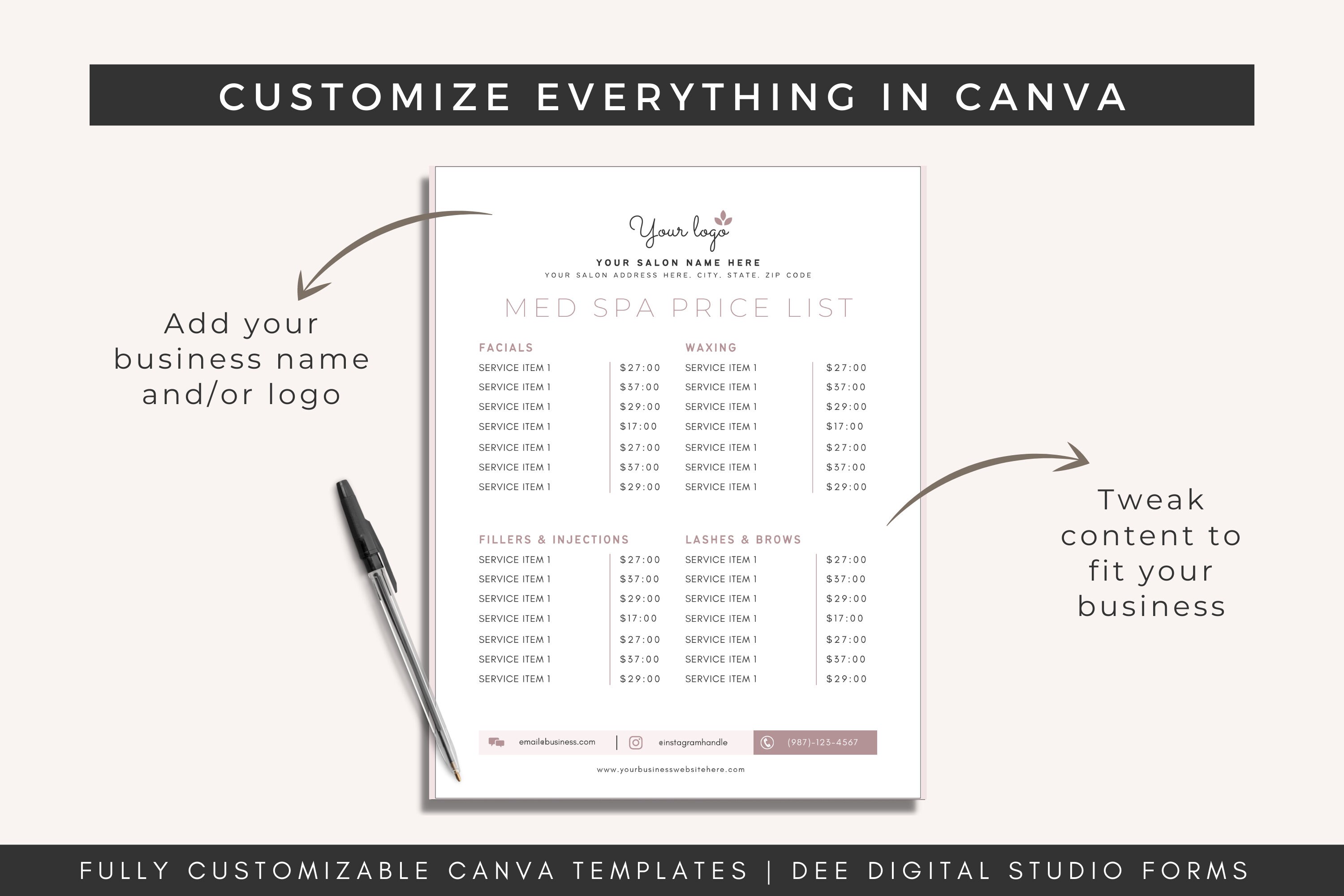 Med Spa Salon Price List Template: Editable Canva Design (digital ...