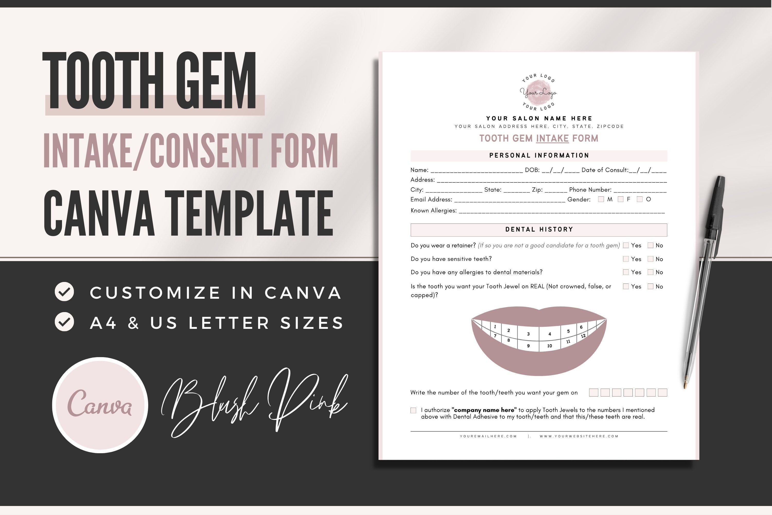 Tooth Gem Client Intake Form: Editable Consent Template (canva) - Etsy