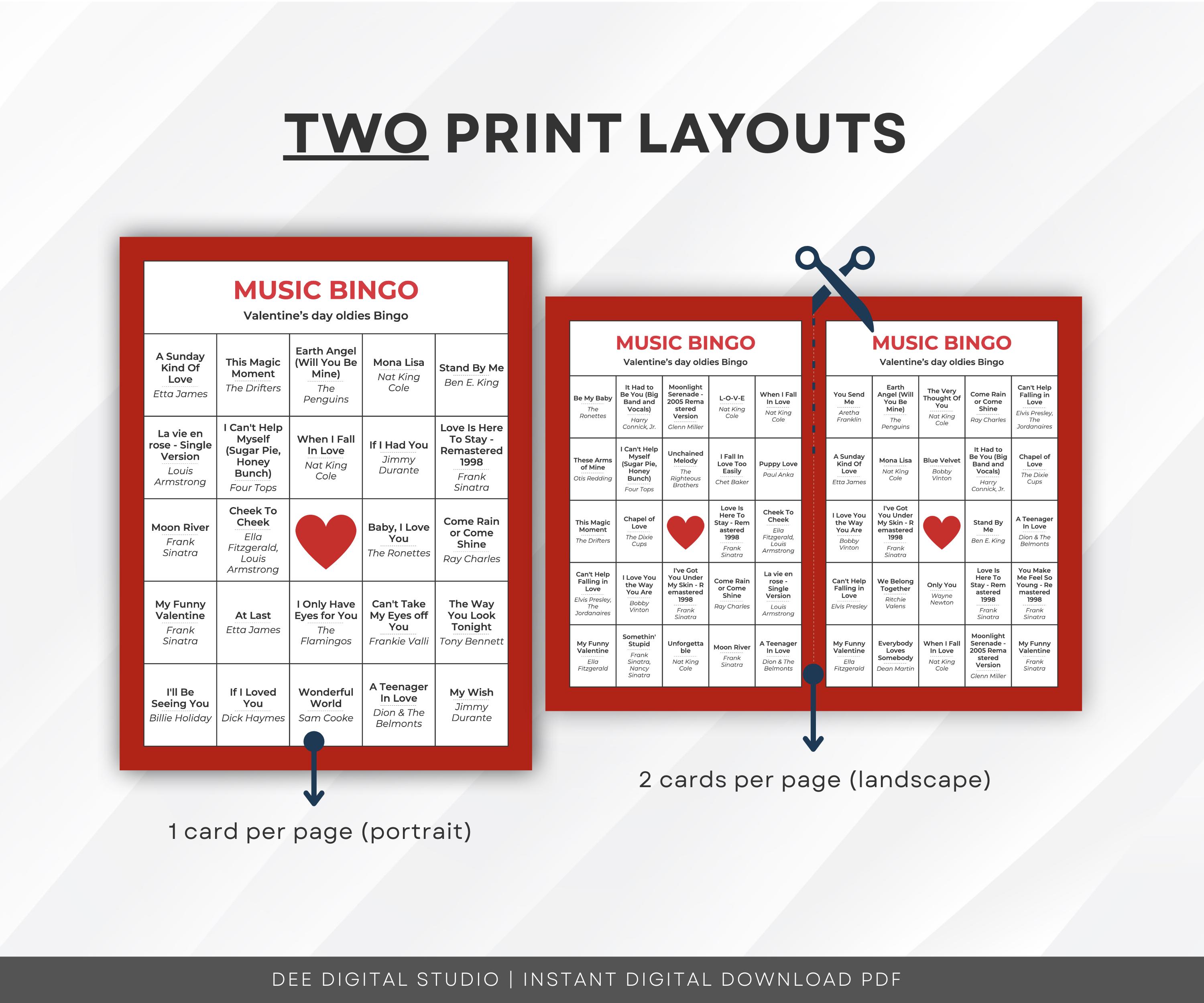 Valentine's Day Oldies Music Bingo Game | 100 Cards (printable PDF) - Etsy