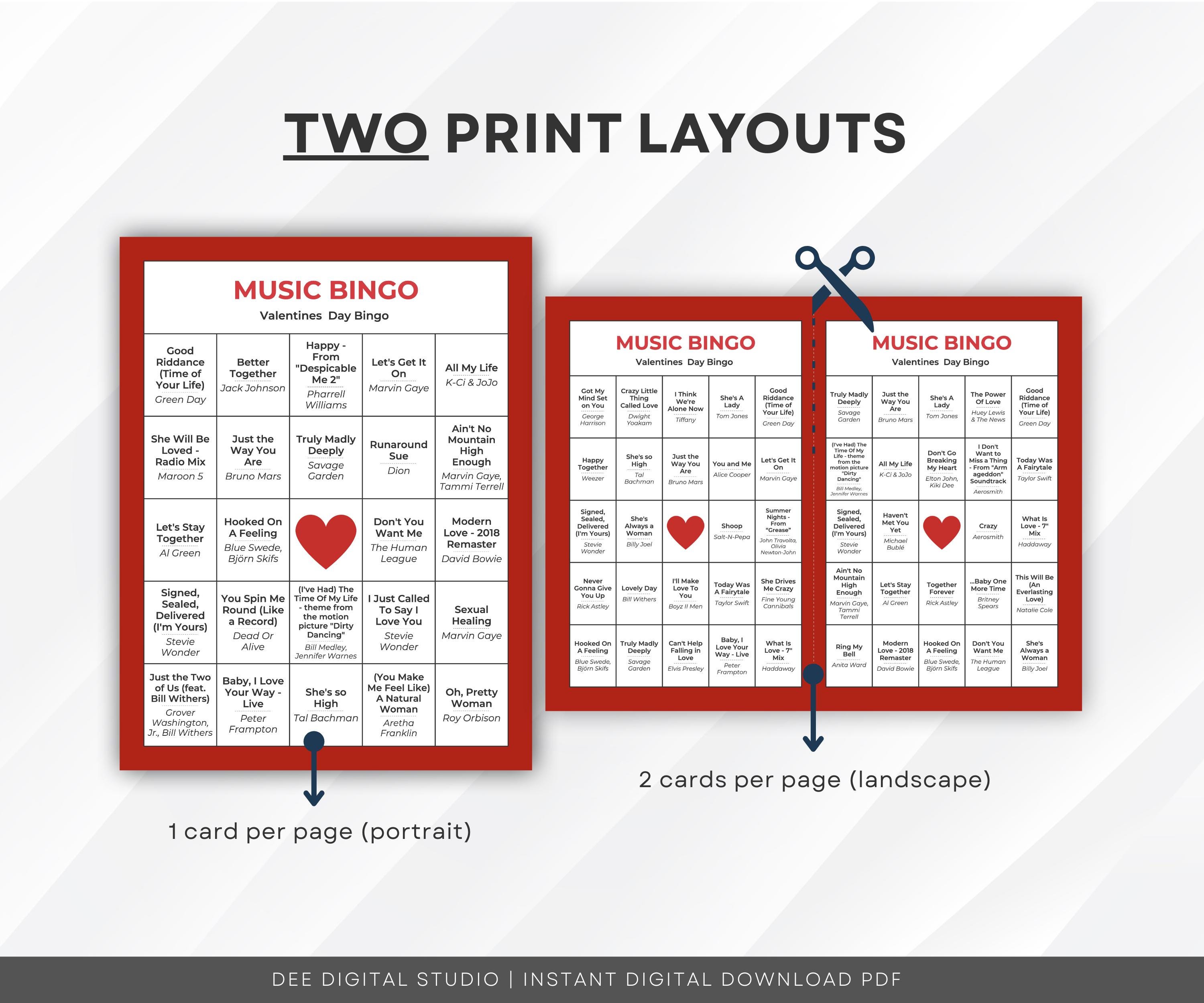 Valentine's Day Music Bingo Game | 100 Cards (printable PDF) - Etsy