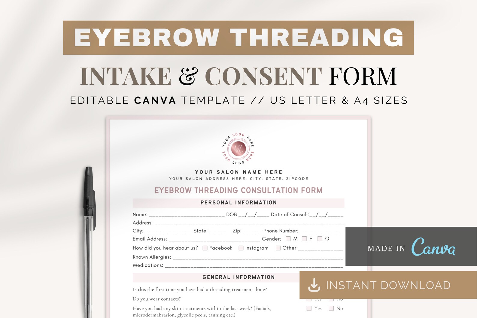 Eyebrow Threading Intake & Form Esthetician Canva Templates | Etsy