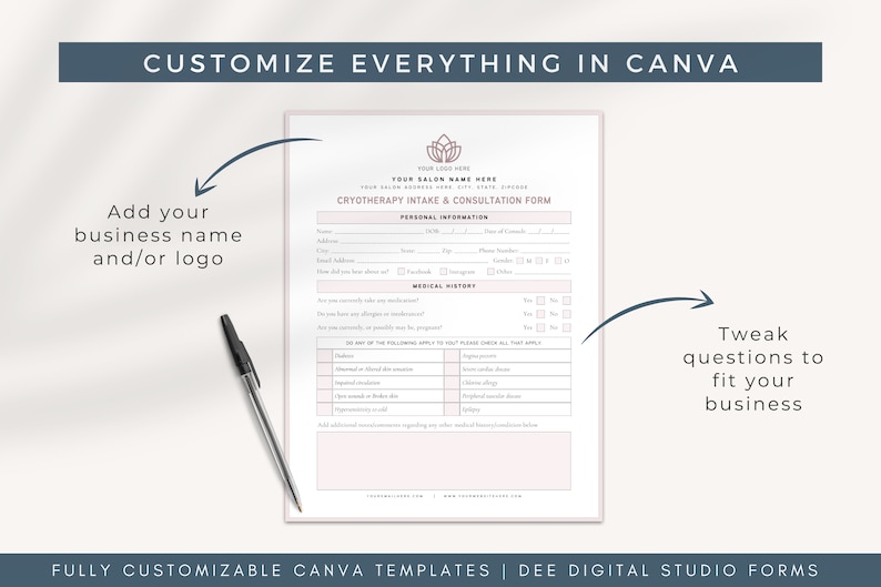 Cryotherapy Intake Form: Editable Client Consultation Canva Template ...
