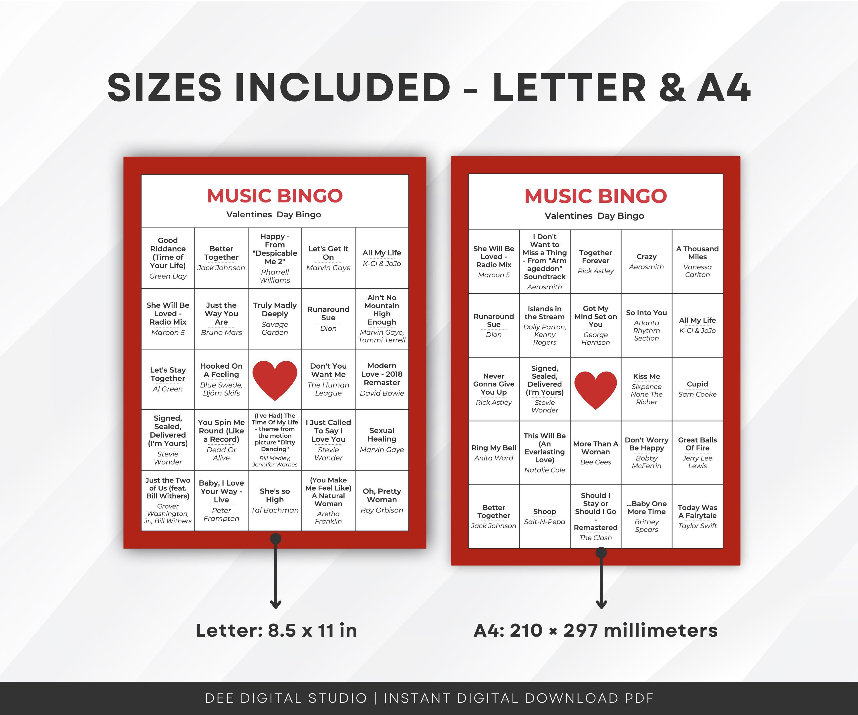 Valentine's Day Music Bingo Game | 100 Cards (printable PDF) - Etsy