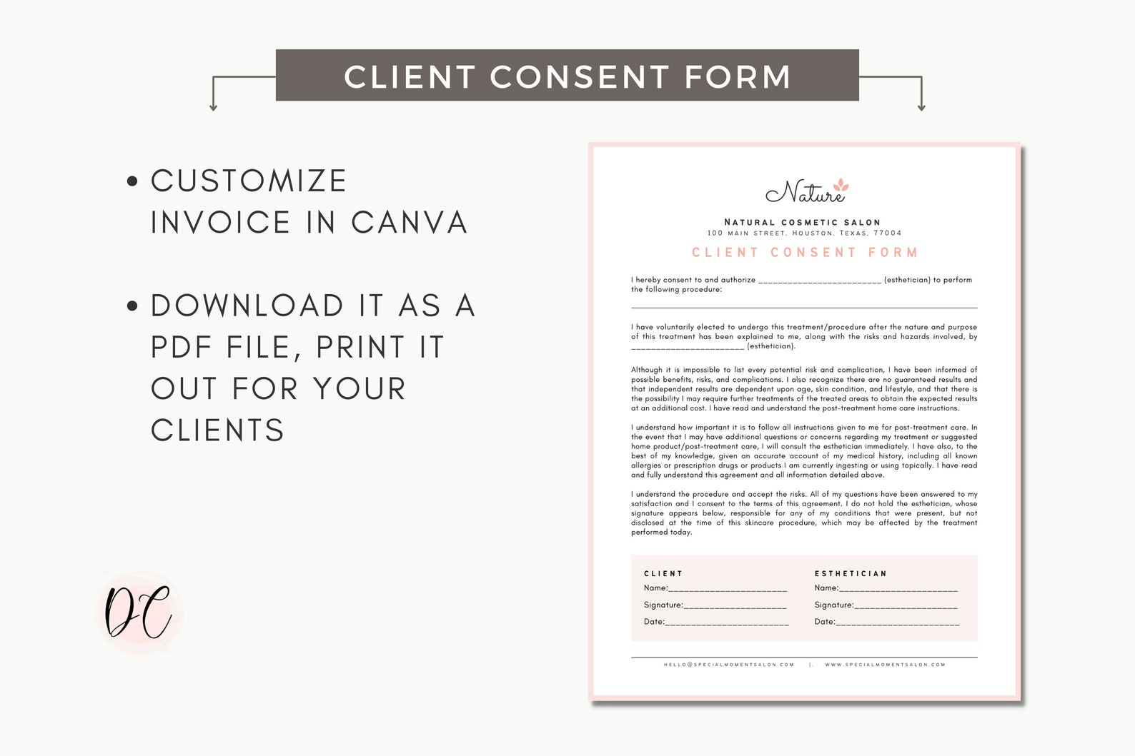 Client Consent Form Esthetician Canva Template Facial Consent Forms ...