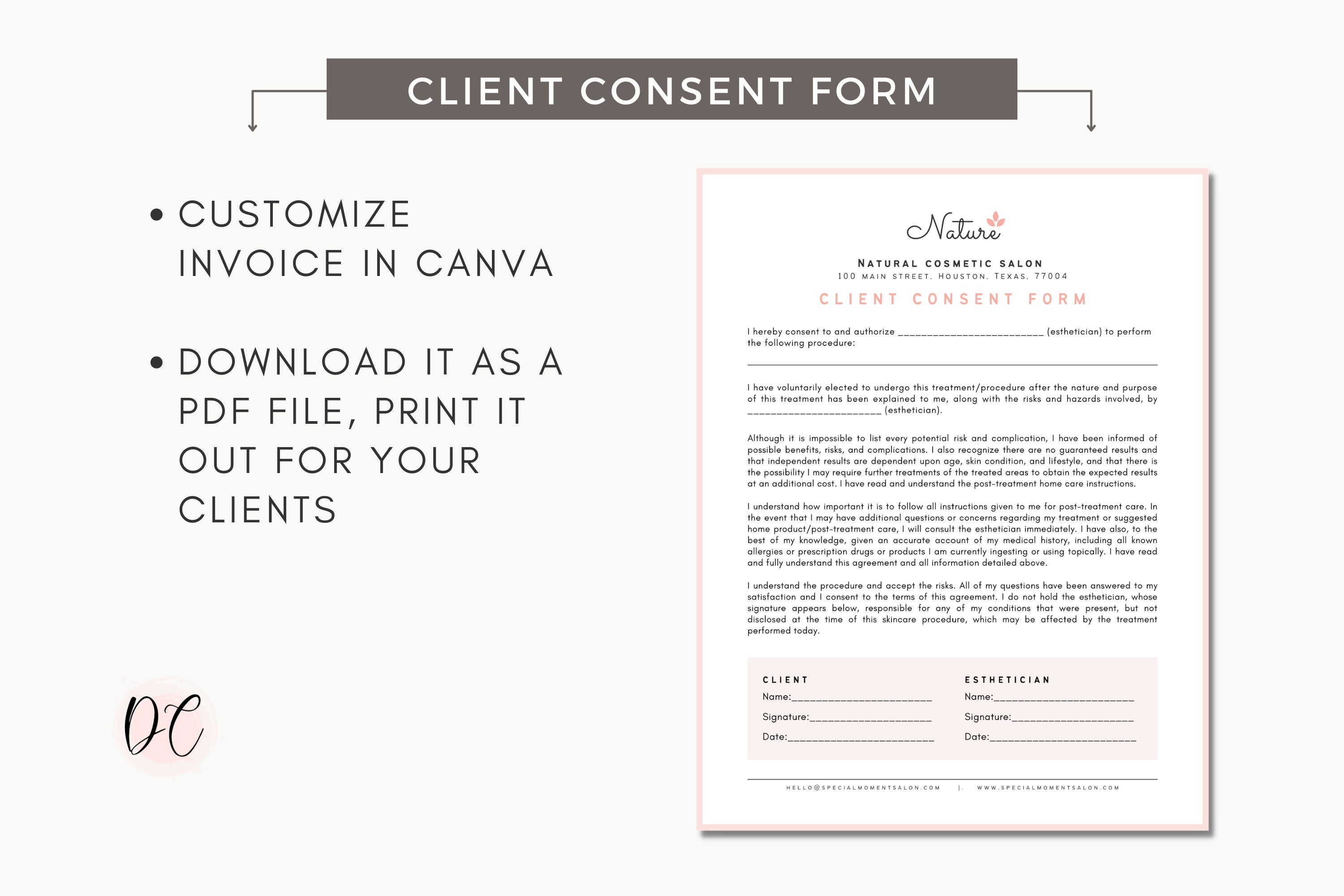 Client Consent Form Esthetician Canva Template Facial Consent Forms Beauty Salon Printable ...