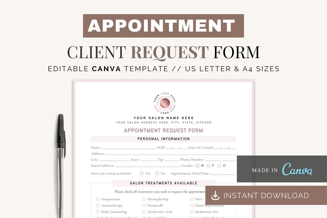 Appointment Request Form | Esthetician Canva Templates | Salon Business ...