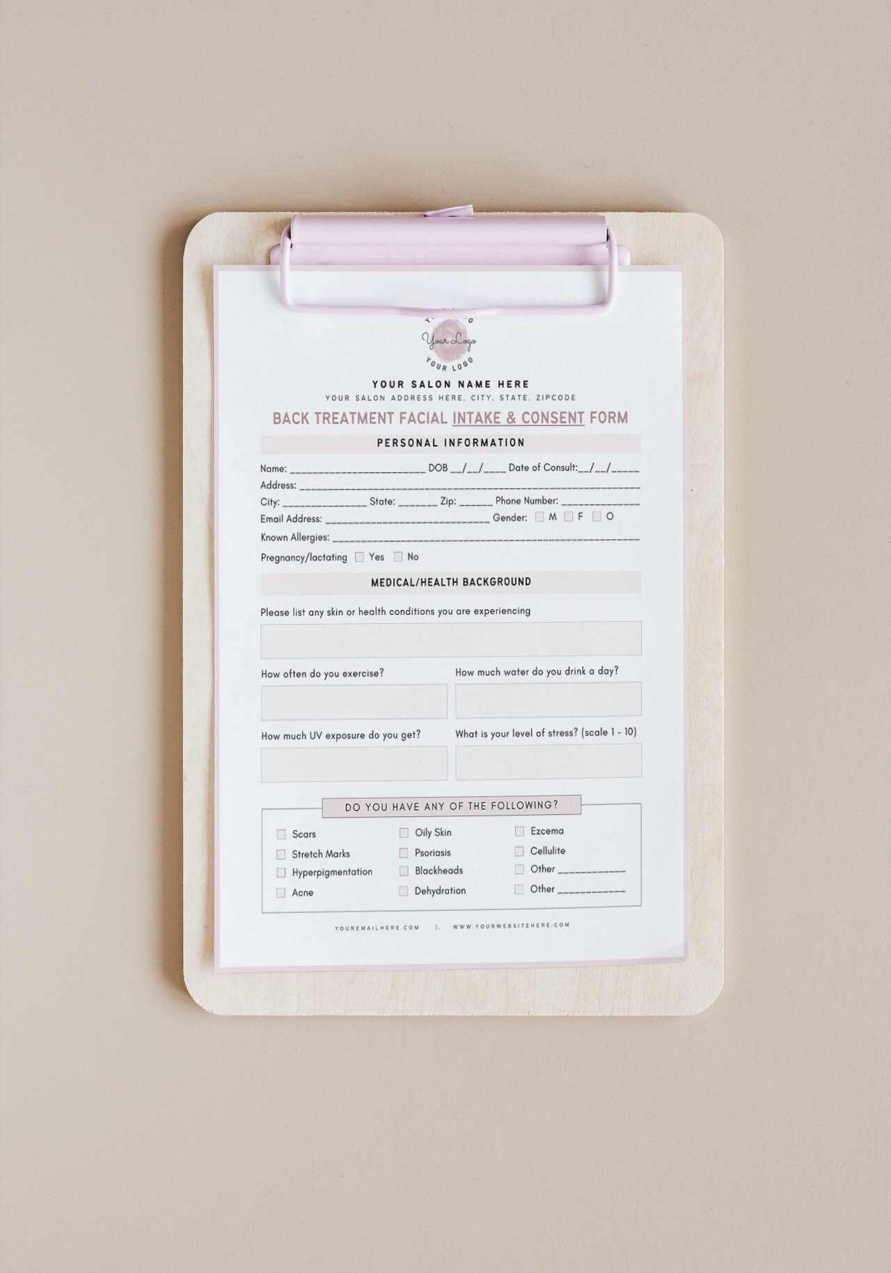 Acne Back Treatment Facial Intake Consent Form Editable Canva Template ...