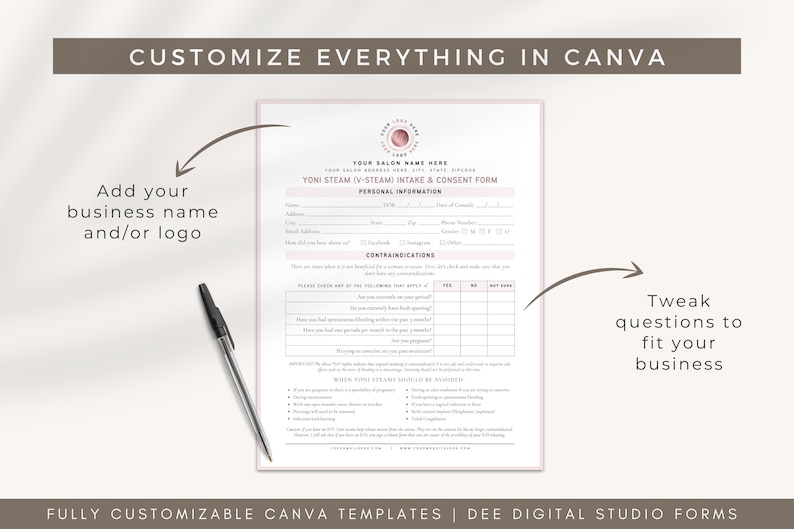 Yoni Steam Intake Form | Canva Template, Spa Consultation (digital ...