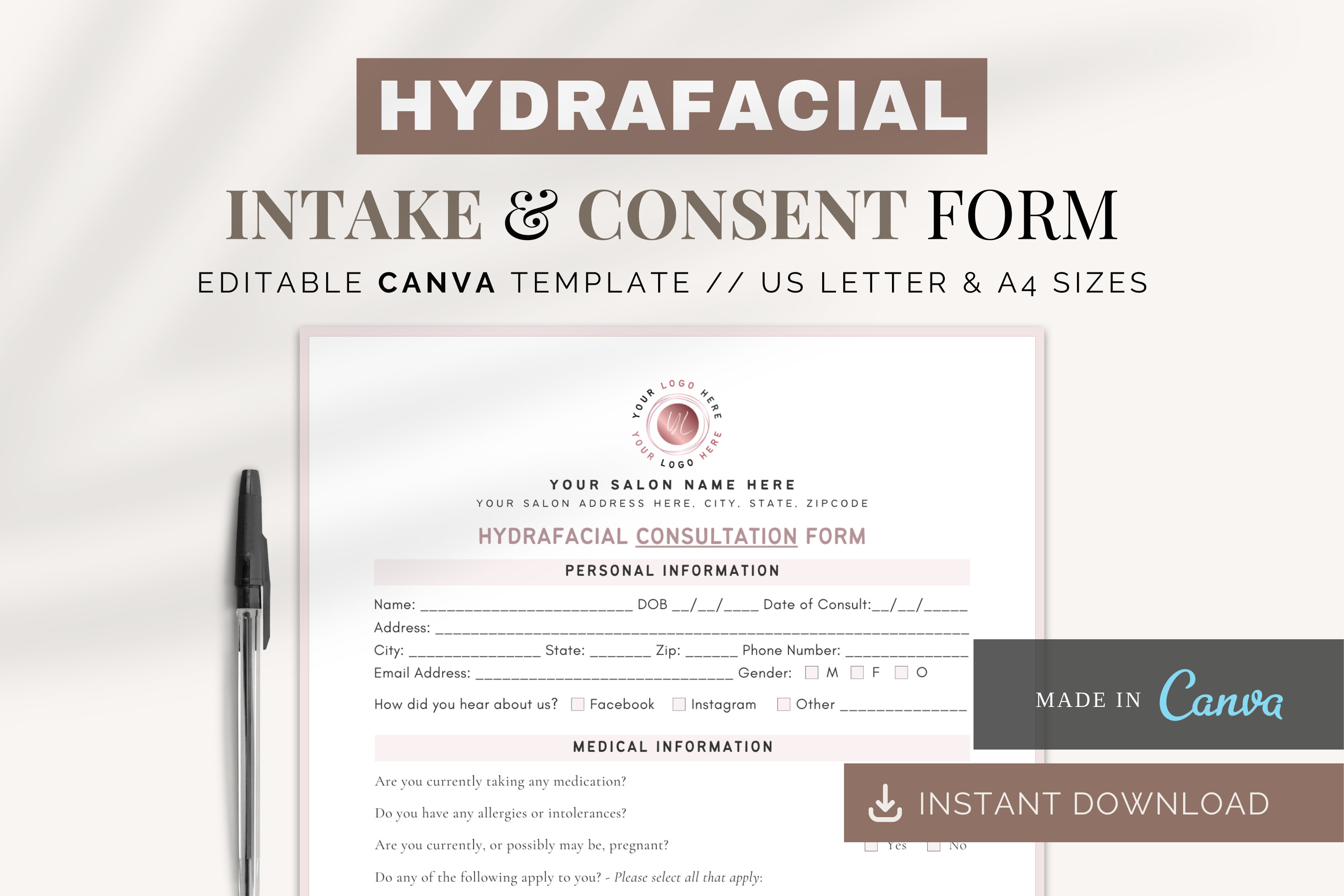 Hydrafacial Intake Form Esthetician Canva Templates Salon - Etsy UK