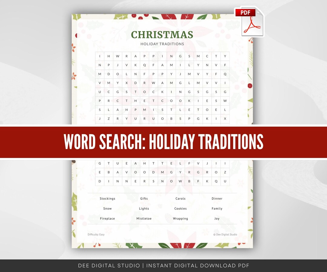 Holiday Traditions Word Search Game | Christmas Printable PDF Puzzle ...
