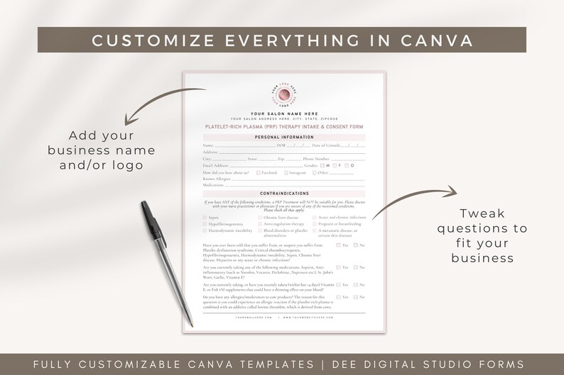 Platelet-rich Plasma PRP Therapy Practitioner Forms Esthetician Canva ...