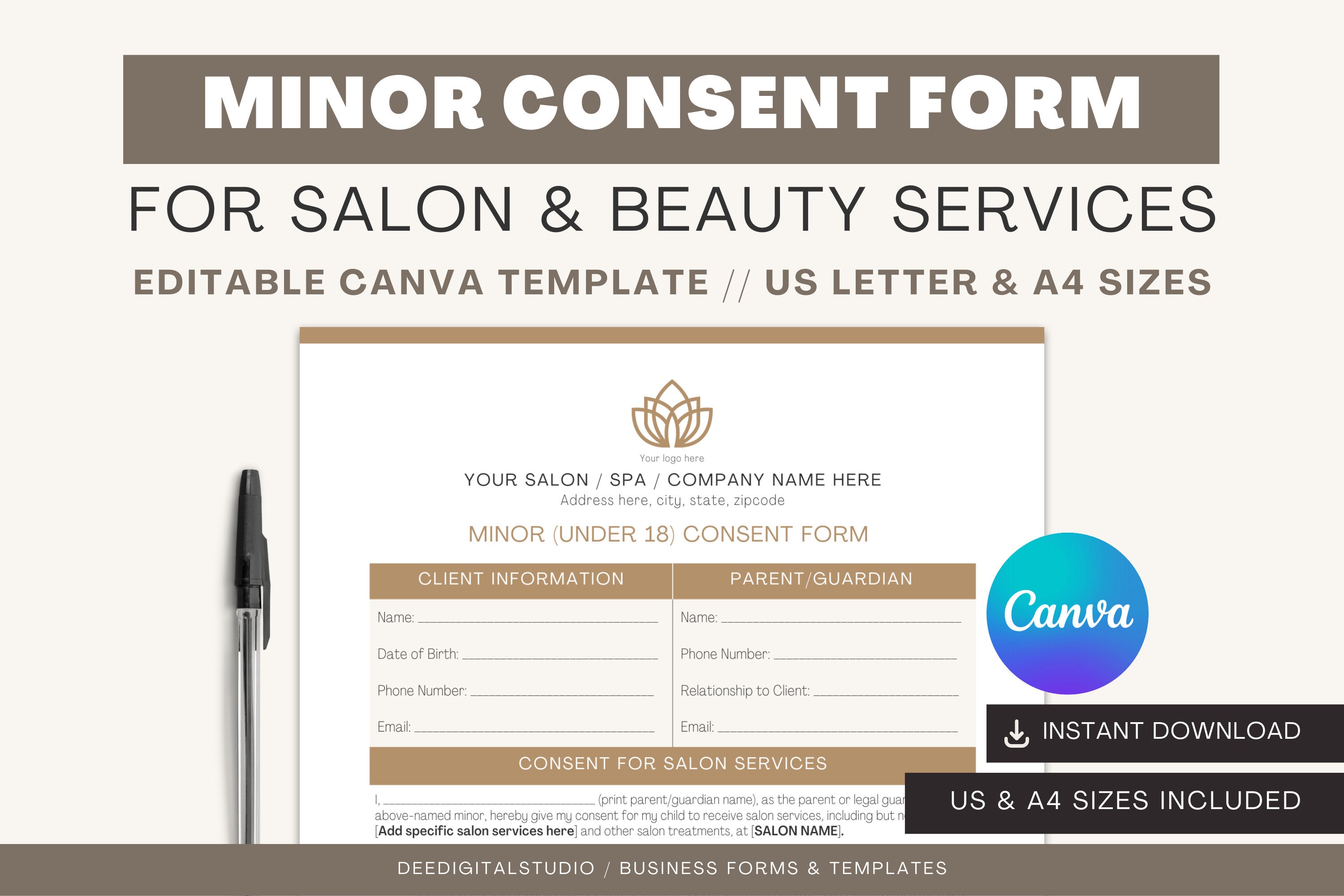 Minor Consent Form: Salon & Beauty Business Template (canva Editable ...