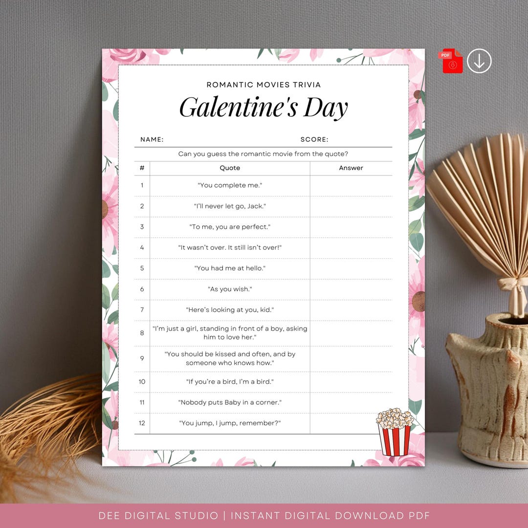 Romantic Movie Trivia Galentine’s Day Game, Instant Download PDF ...