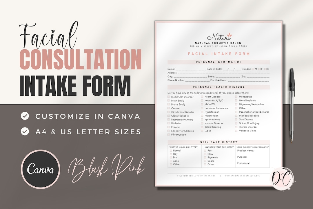 Facial Consultation Form, Client Intake Form | Esthetician Canva ...