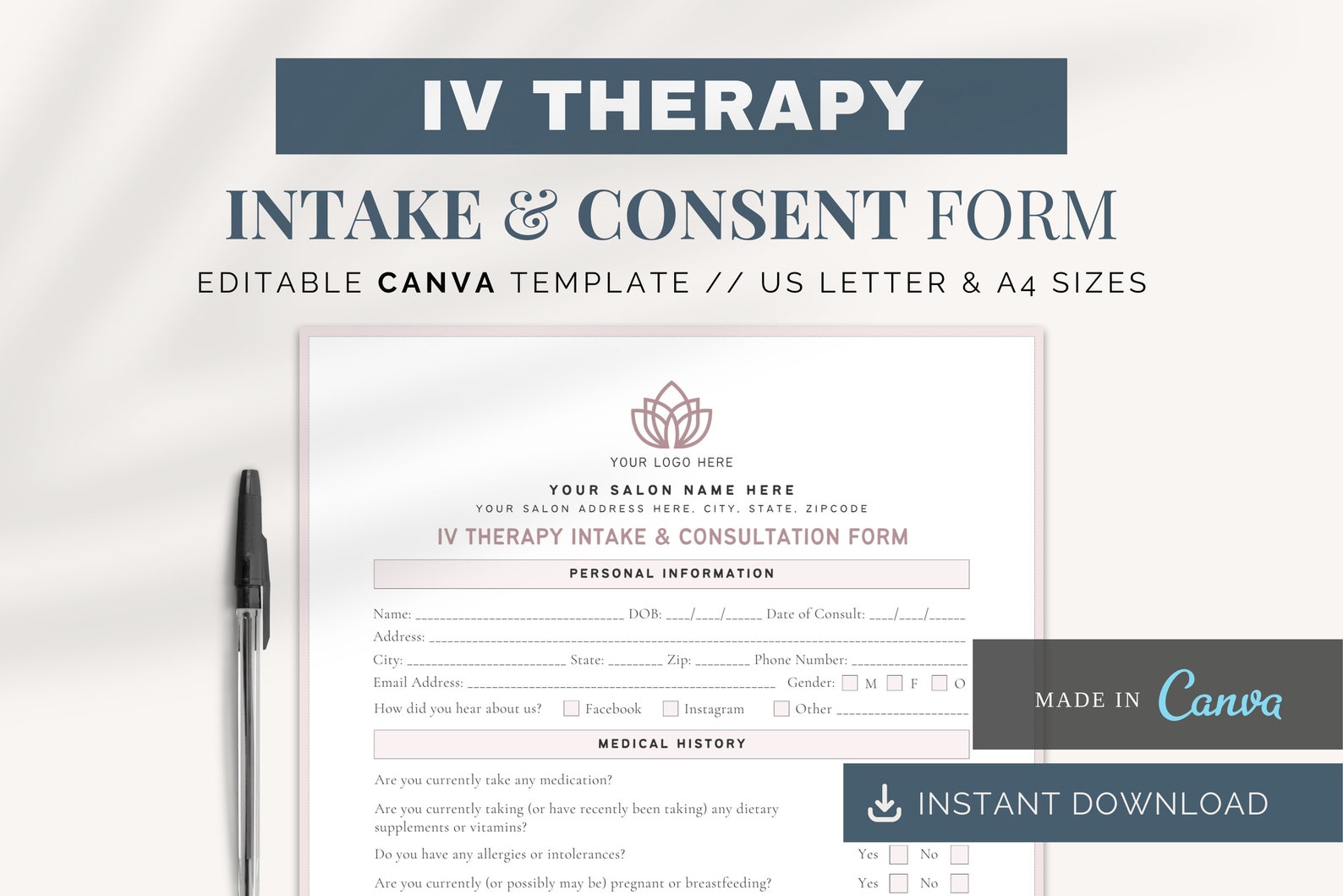 IV Hydration Consent Form | Canva Templates | IV Therapy Intake Form ...